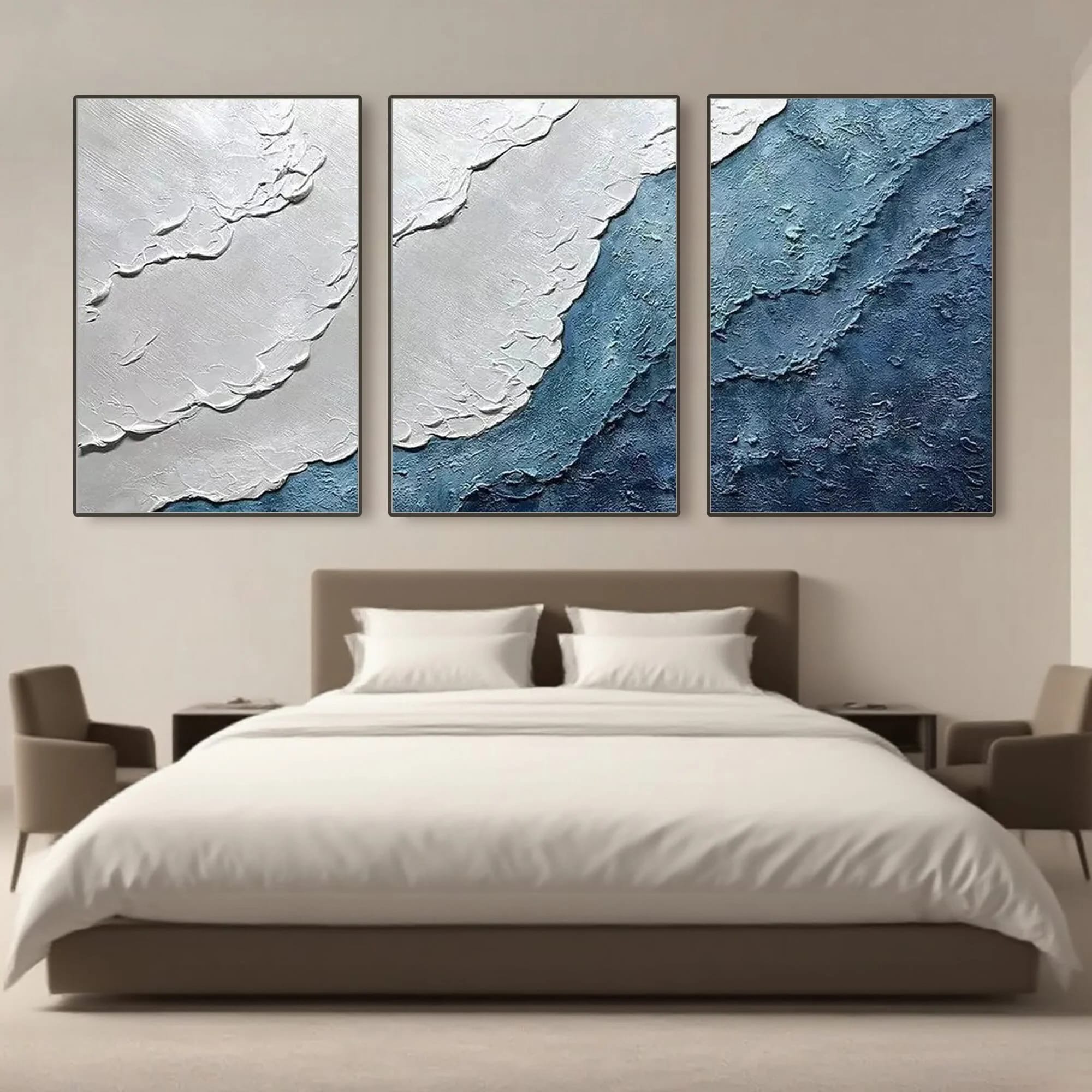 Textured Ocean Wall Art Blue and White Abstract Painting Vertical Decor ...